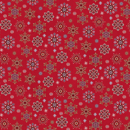 Fabric Henry Glass Red/Multi Snowflakes Nordic Holiday Village by the ...
