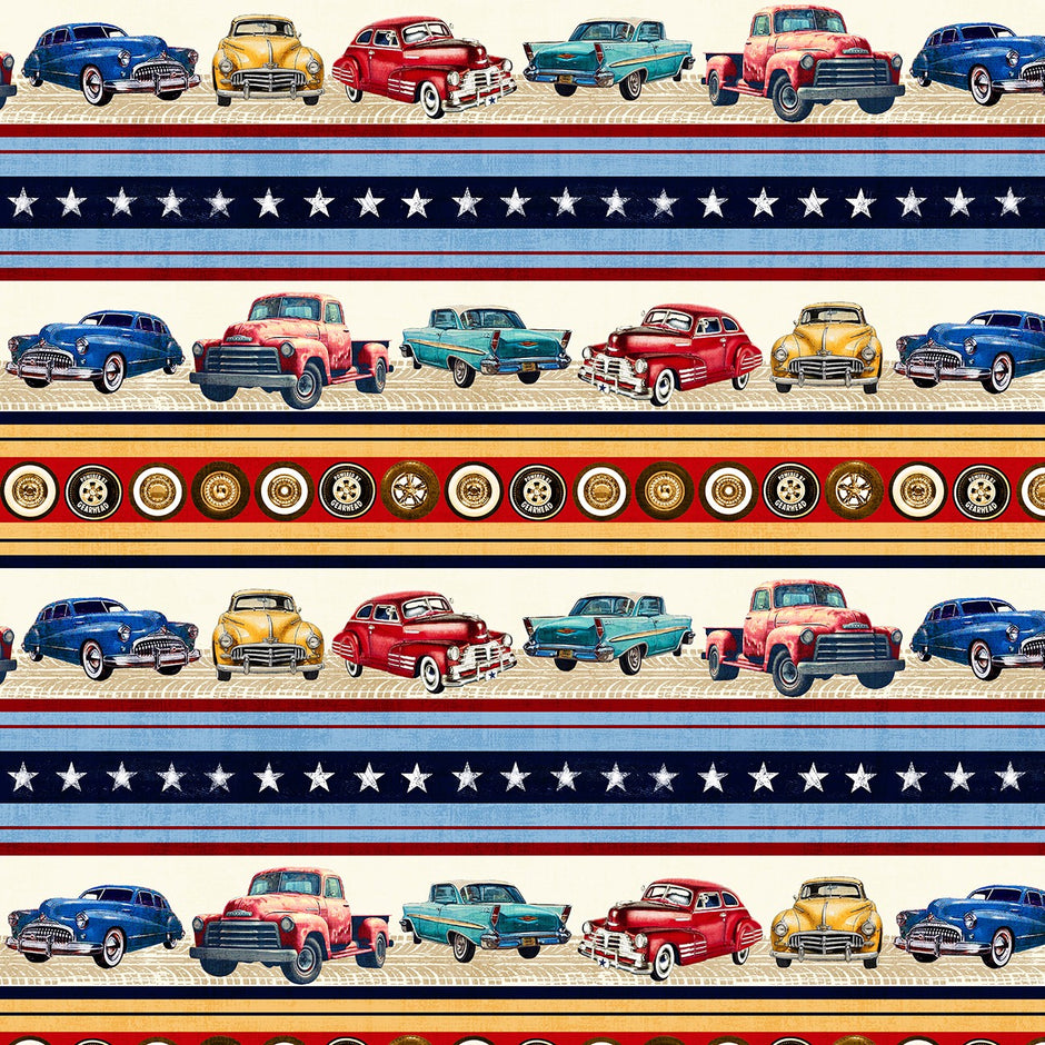 Fabric Michael Miller Multi Vintage Car Stripe Route 66 by the Quarter ...