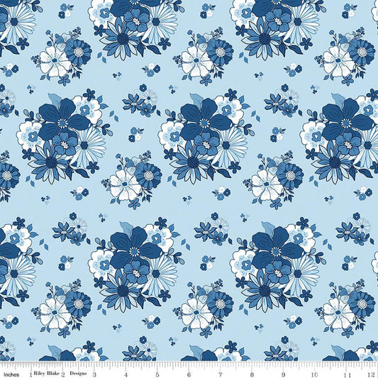 Fabric Riley Blake Blue Main Blue Blooms and Threads by the Quarter Ya ...